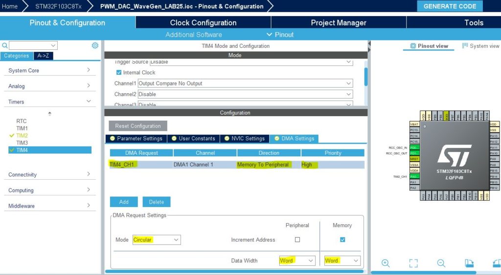 STM32 Change PWM Duty Cycle With DMA For Sine Wave Generation