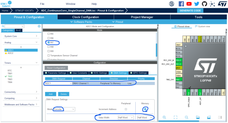 STM32 ADC Continuous Conversion Mode (DMA, Interrupt, Poll) - Single ...