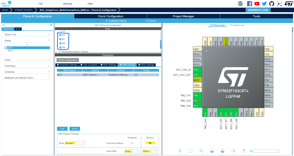 STM32 ADC Multi Channel (Scan) + DMA (Single-Conversion)